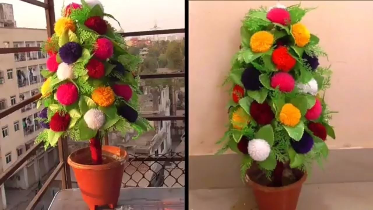 DIY Flower Plant Making From Woolen Home Decoration Ideas With Woolen POM POM diy-flower-plant-making-from-woolen-home-decoration-ideas-with-woolen-pom-pom