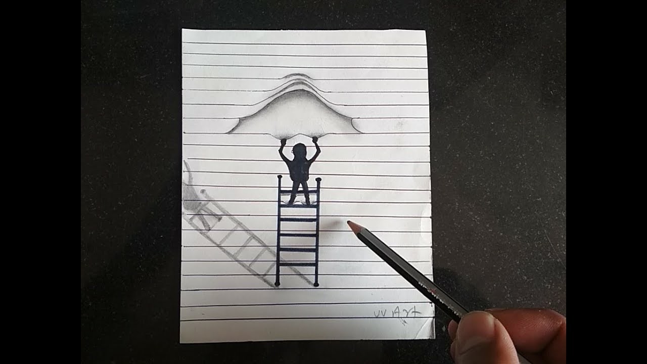 Drawn Optical Illusions How To Draw 3D Drawing On Lined Paper Step By Step 3D Art Tricks
